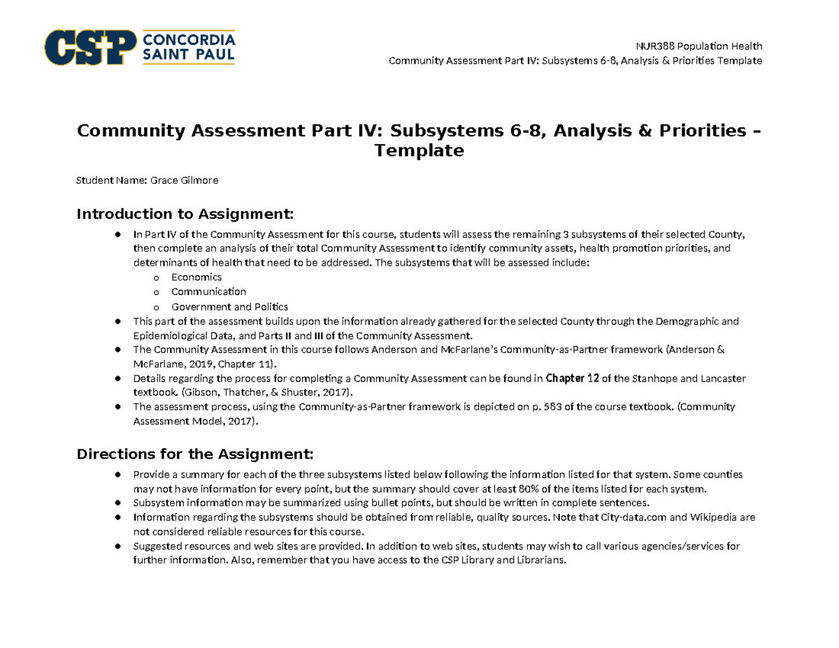 Community Assessment Part IV Template - Community Assessment Part IV ...