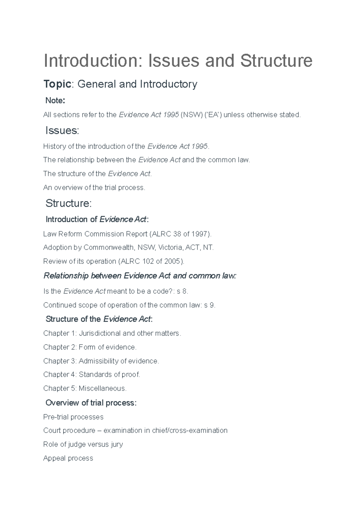 Reading list for Evidence - Introduction: Issues and Structure Topic ...