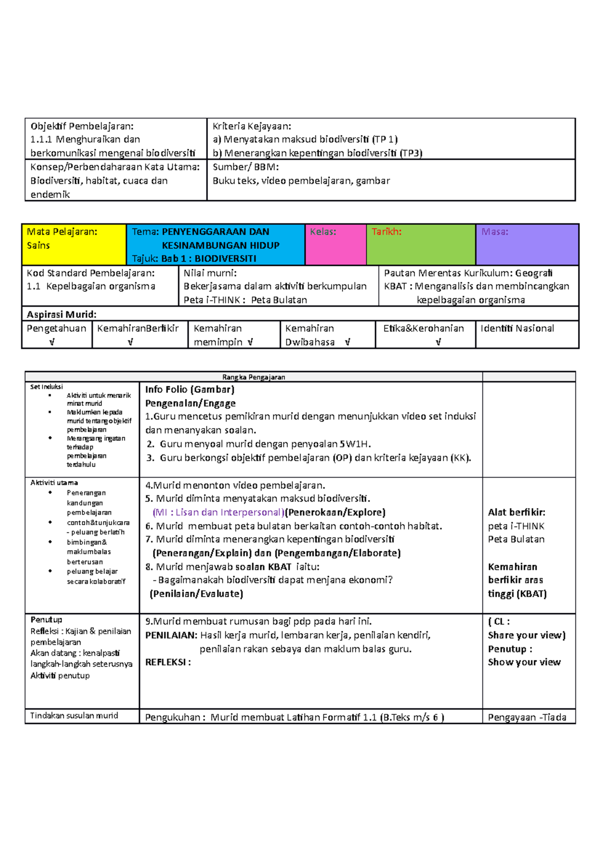 RPH 1.1 Biodiversiti Contoh - Objektif Pembelajaran: 1.1 Menghuraikan ...