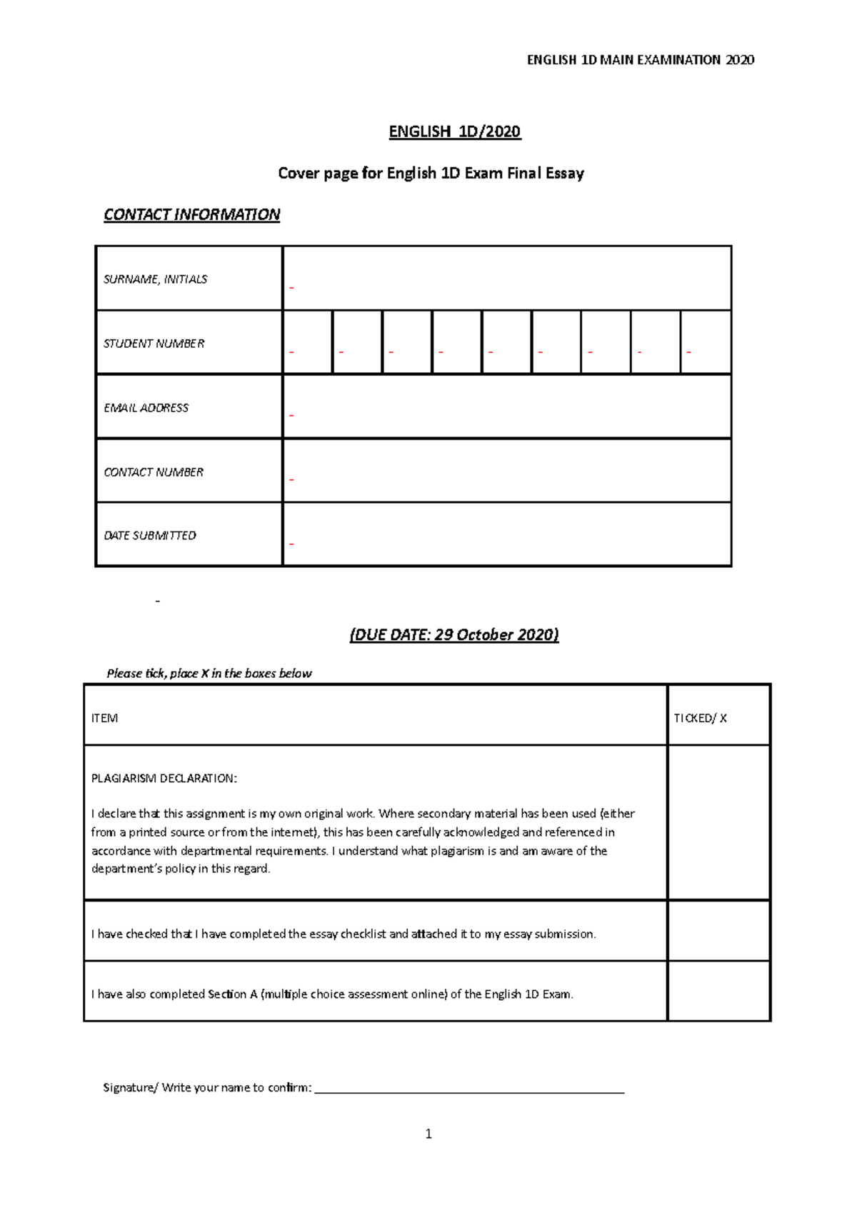 English 1D MAIN EXAM 2020 Cover PAGE - ENGLISH 1D/ Cover page for ...