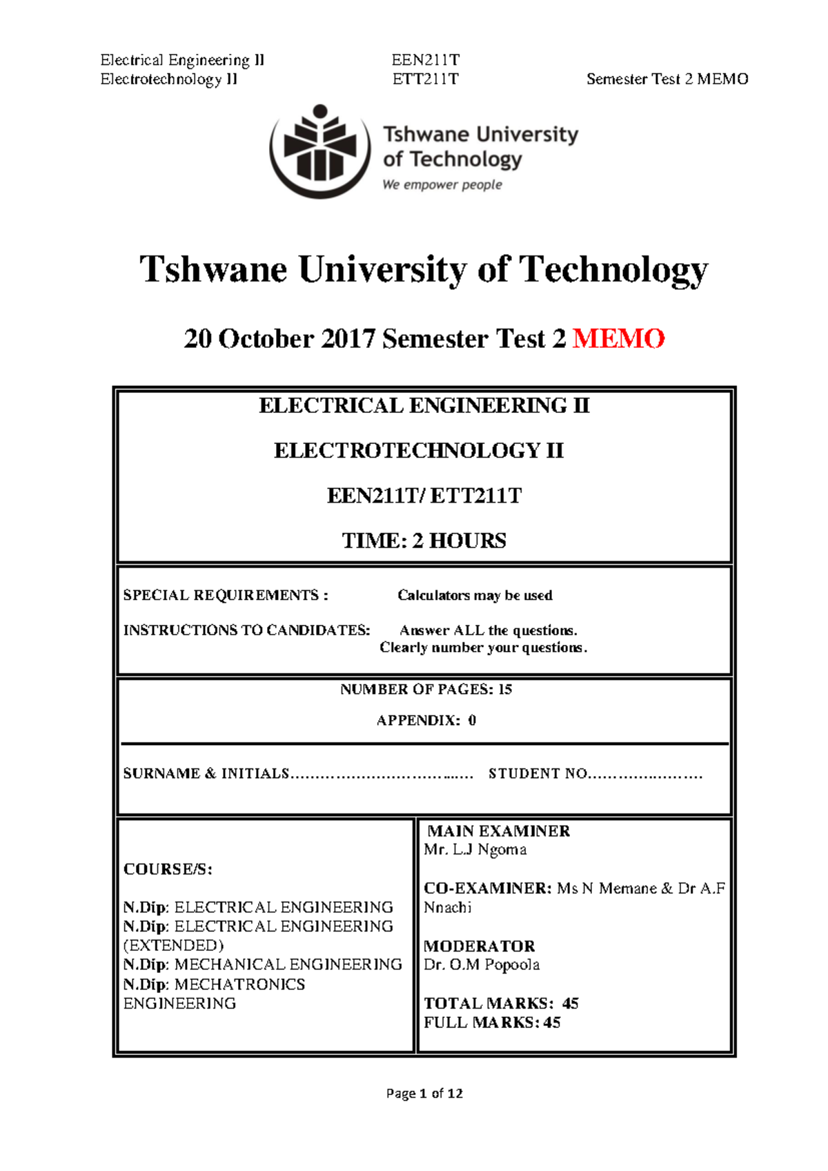 Semester Test 2 27 October 2017 MEMO (002) - Electrotechnology II ...
