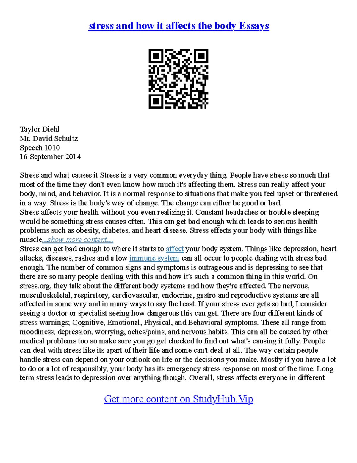 Factual Essay Sample - stress and how it affects the body Essays Taylor ...