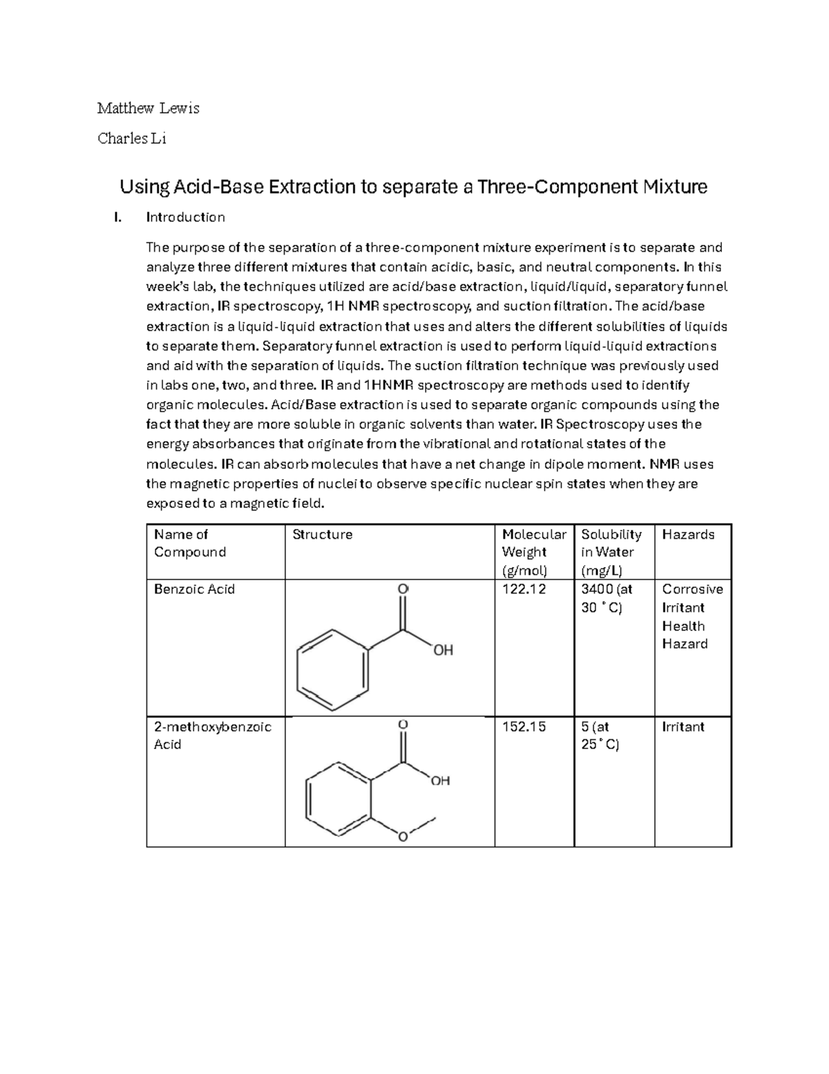 3 Mixture Separation Post Lab - Matthew Lewis Charles Li Using Acid ...