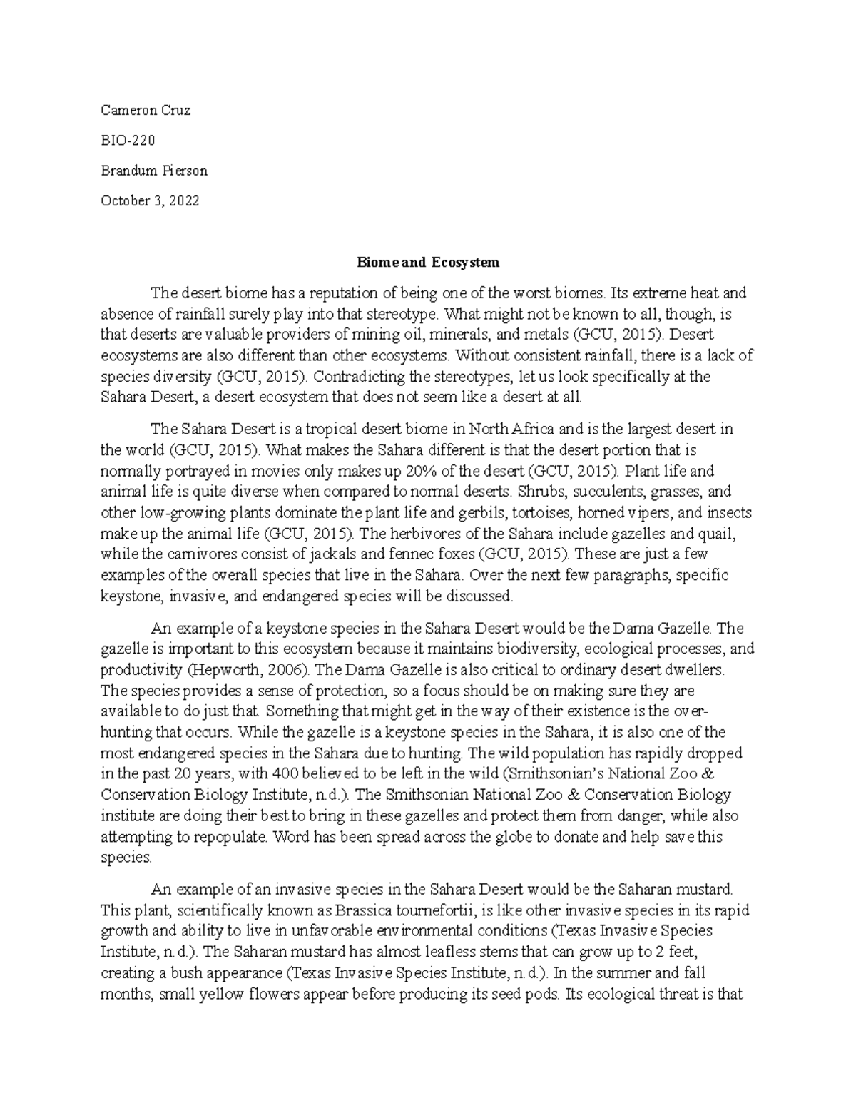 Biome Essay - n/a - Cameron Cruz BIO- Brandum Pierson October 3, 2022 ...