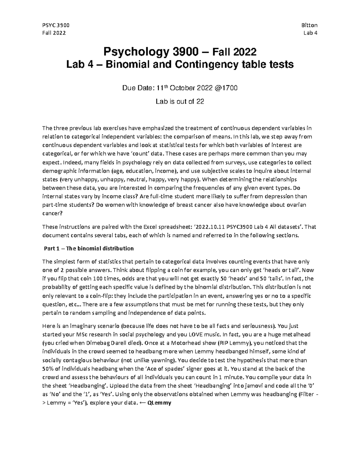 PSYC3900 Lab 4 Binomial test and Contingency tests SV - Fall 2022 Lab 4 ...