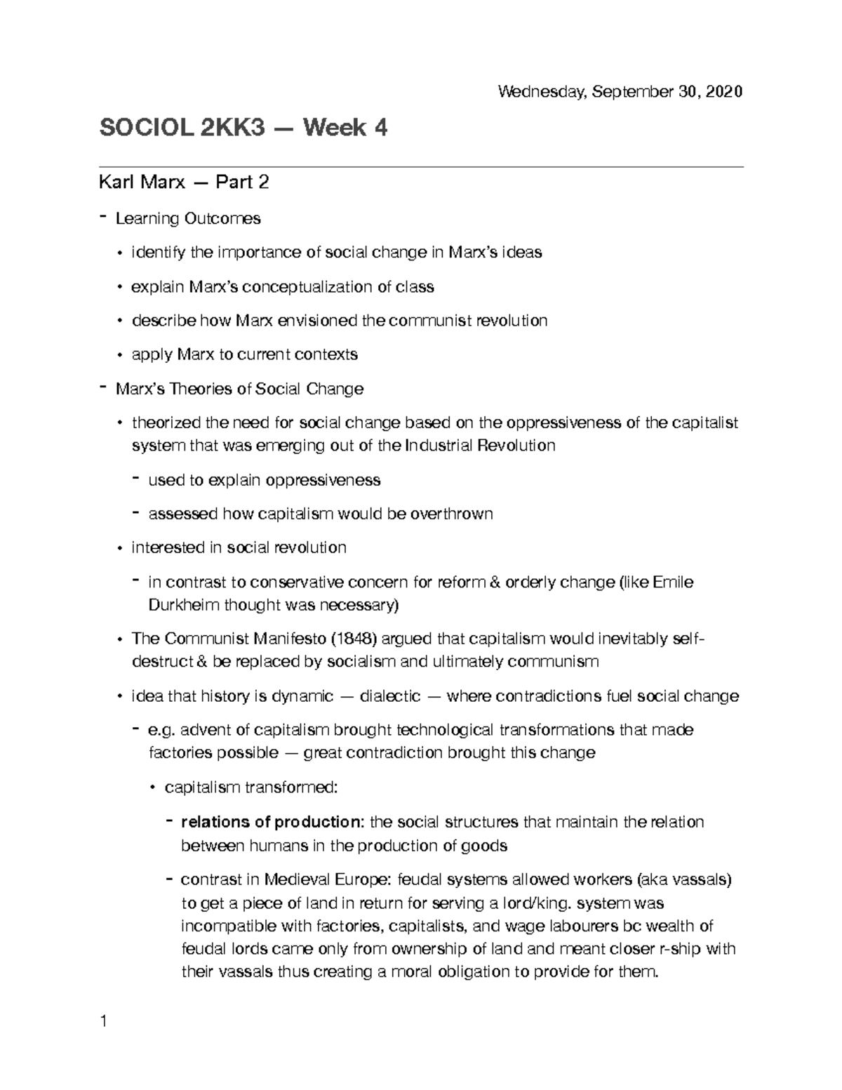 Sociol 2KK3 Week 4 stud - SOCIOL 2KK3 — Week 4 Karl Marx — Part 2 ...