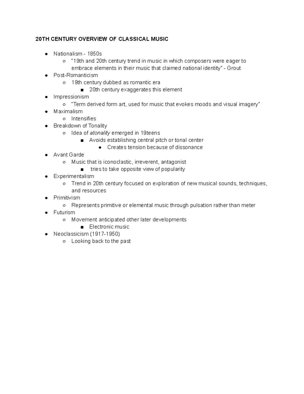 HON 151 Notes 5 - 20TH Century Overview OF Classical Music - 20TH ...