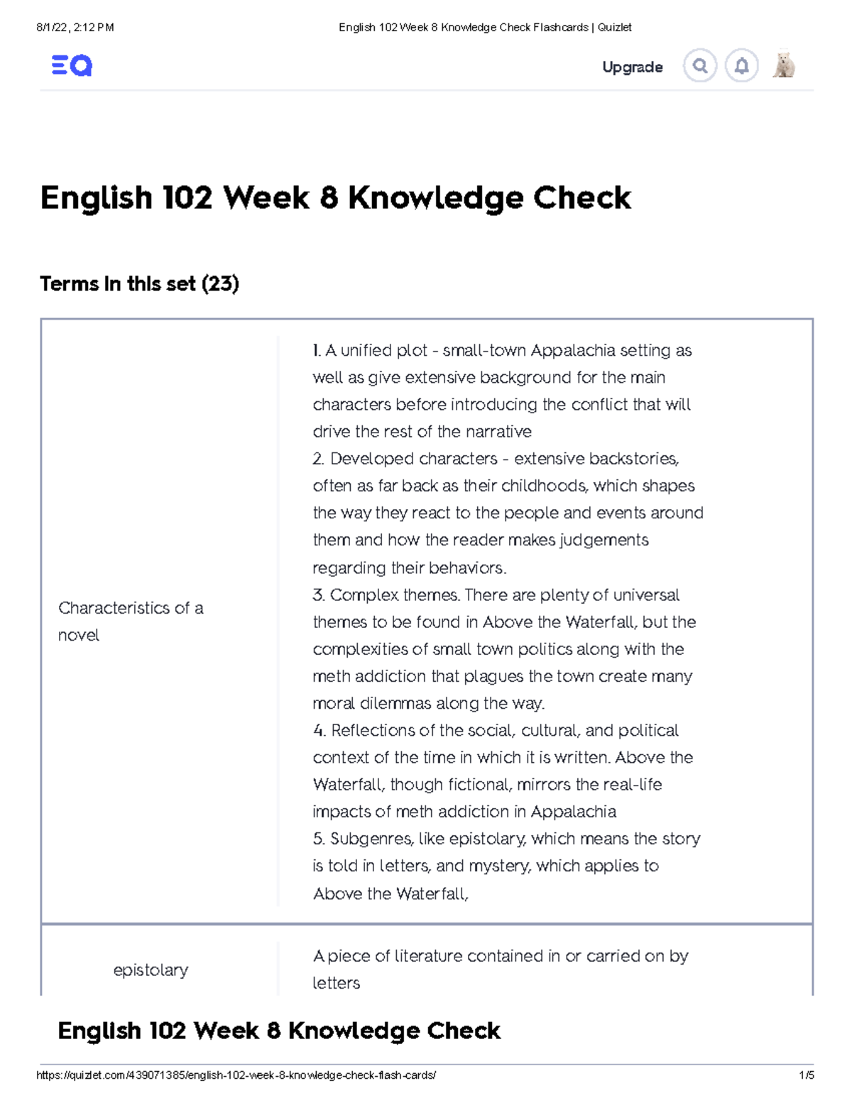 English 102 Week 8 Knowledge Check Flashcards Quizlet - Upgrade English ...
