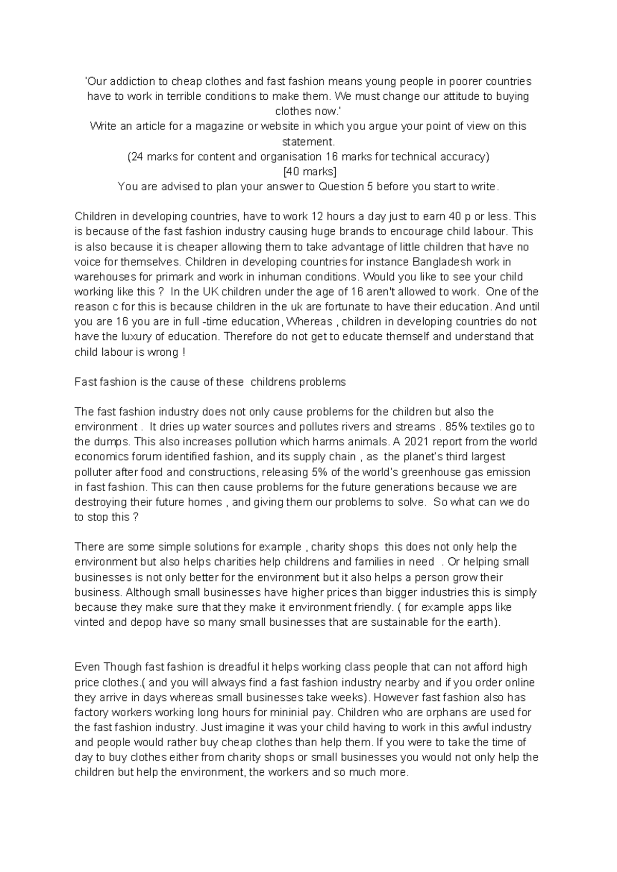 Paper 2 question 5 - ‘Our addiction to cheap clothes and fast fashion ...