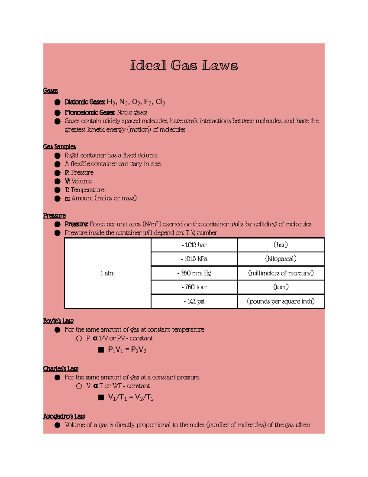 10.1 Notes - Ideal Gas Laws Gases Diatomic Gases: H₂, N₂, O₂, F₂, Cl₂ ...