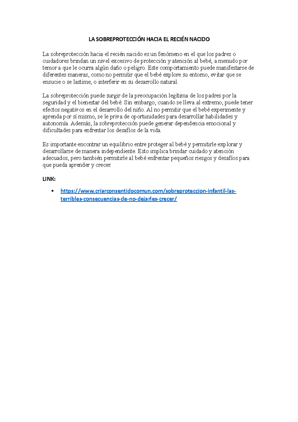 La sobreprotección hacia el recién nacido - LA SOBREPROTECCIÓN HACIA EL ...