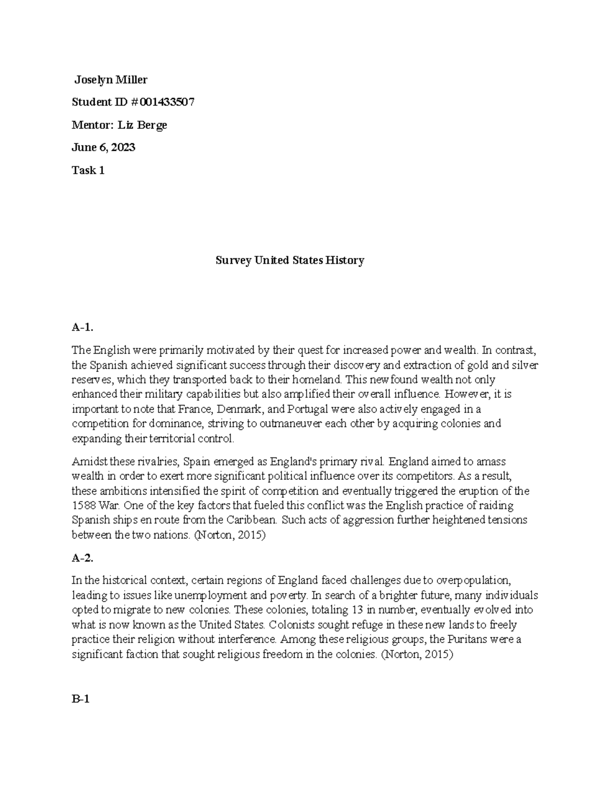 New Survey US History Task 1 - Joselyn Miller Student ID # 001433507 ...