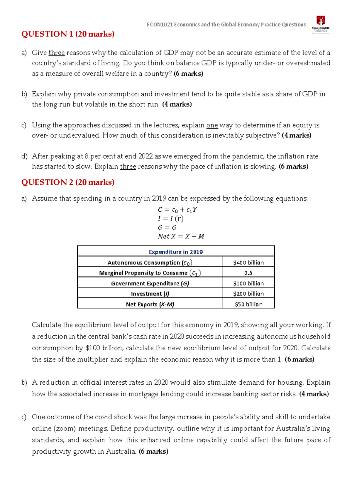 ECON1021 S2 2024 Exam Practice Questions - ECON 1021 Economics and the ...
