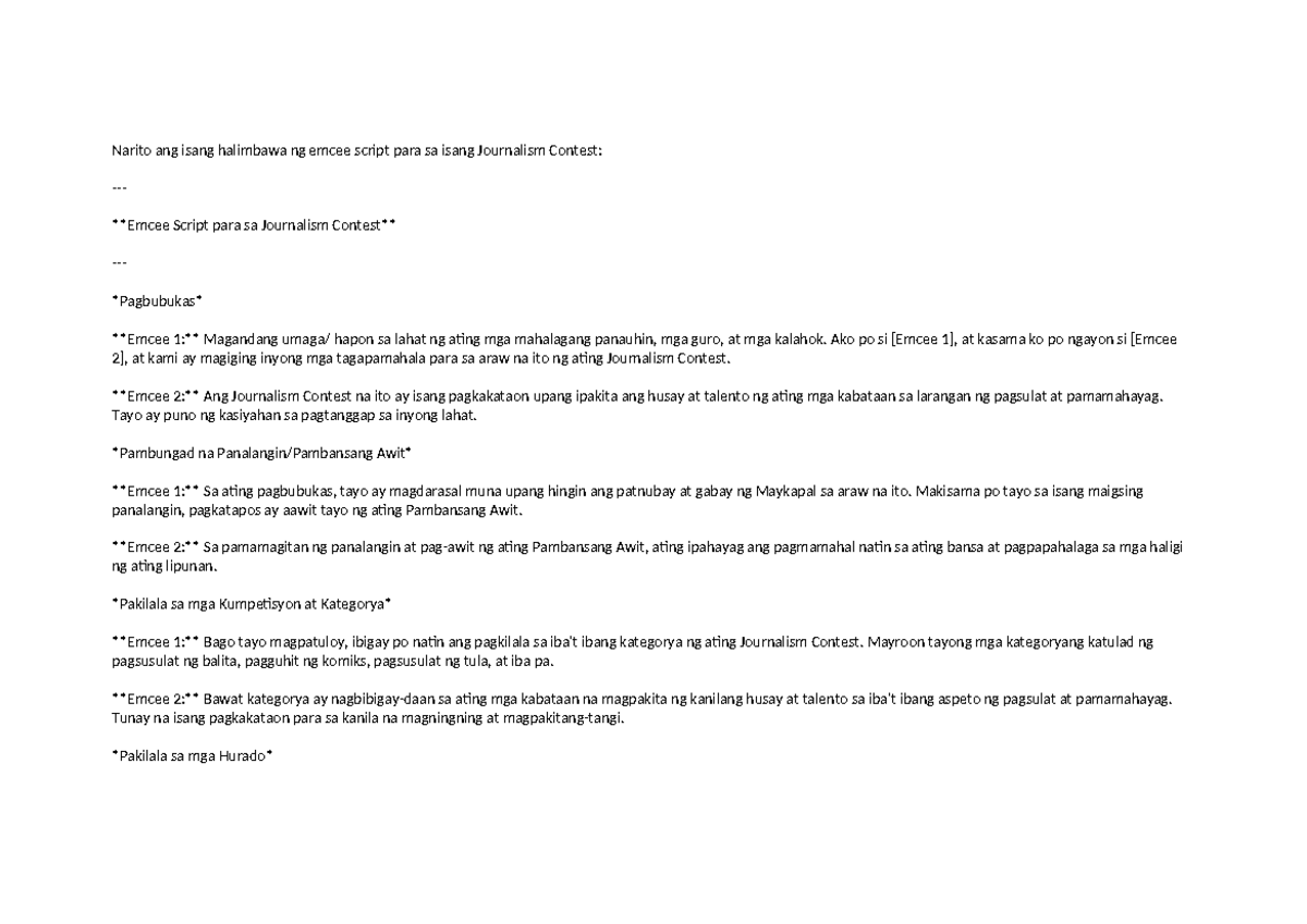 Journalism- Emcee- Script - Narito ang isang halimbawa ng emcee script ...