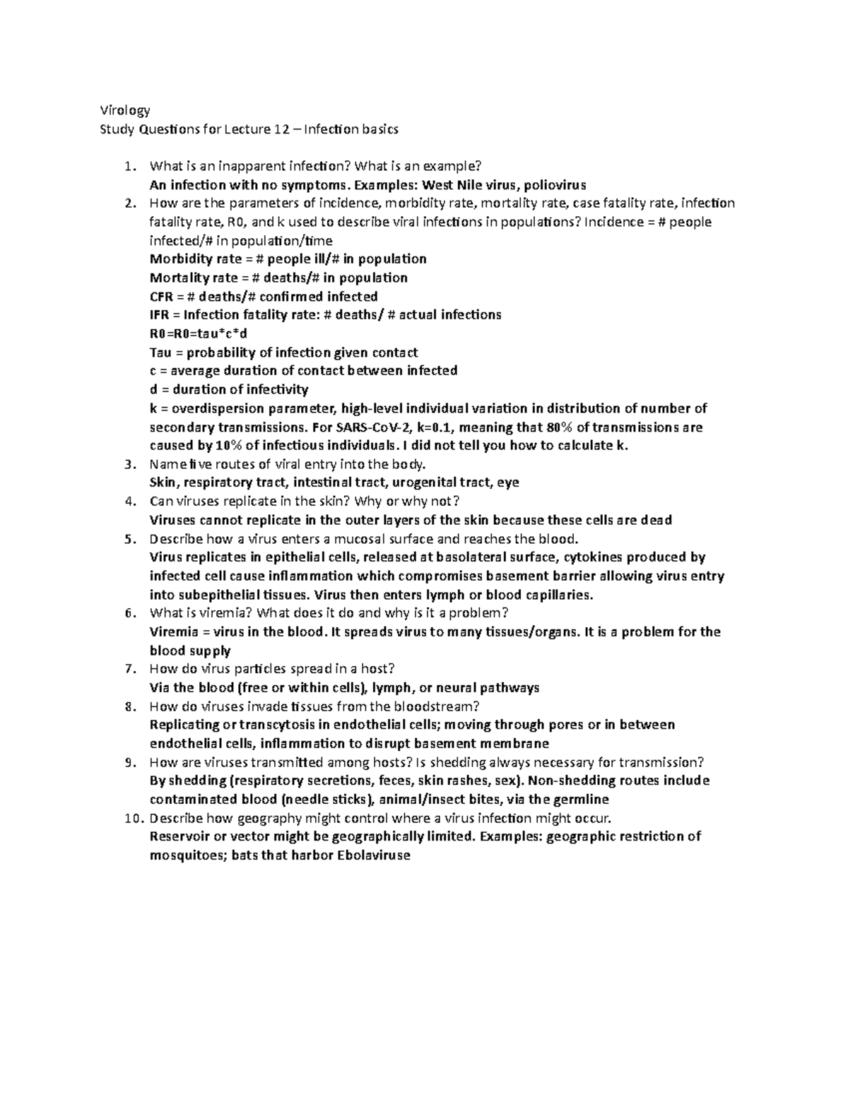 Virology Study Questions for Lecture 12 – Infection basics - Examples ...
