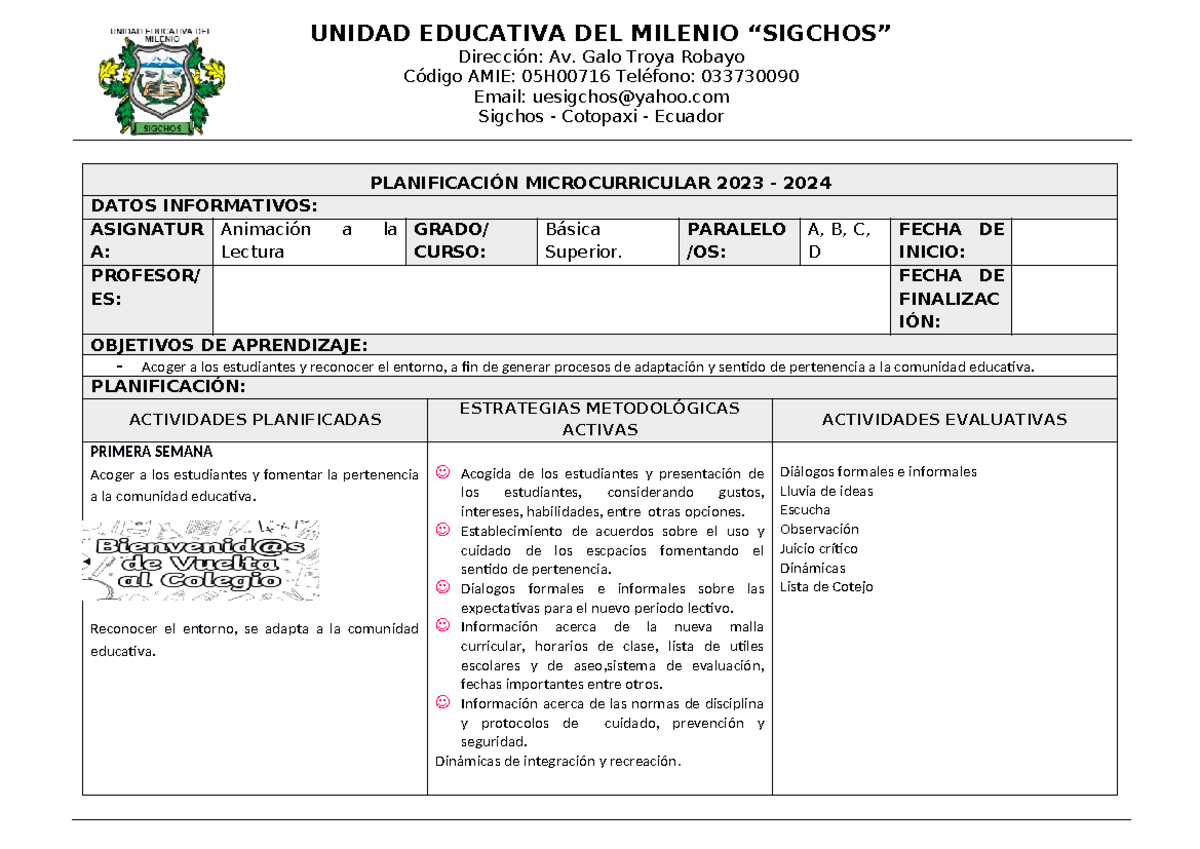 Planificacion Animacion A LA Lectura - Dirección: Av. Galo Troya Robayo Código AMIE: 05H00716 ...