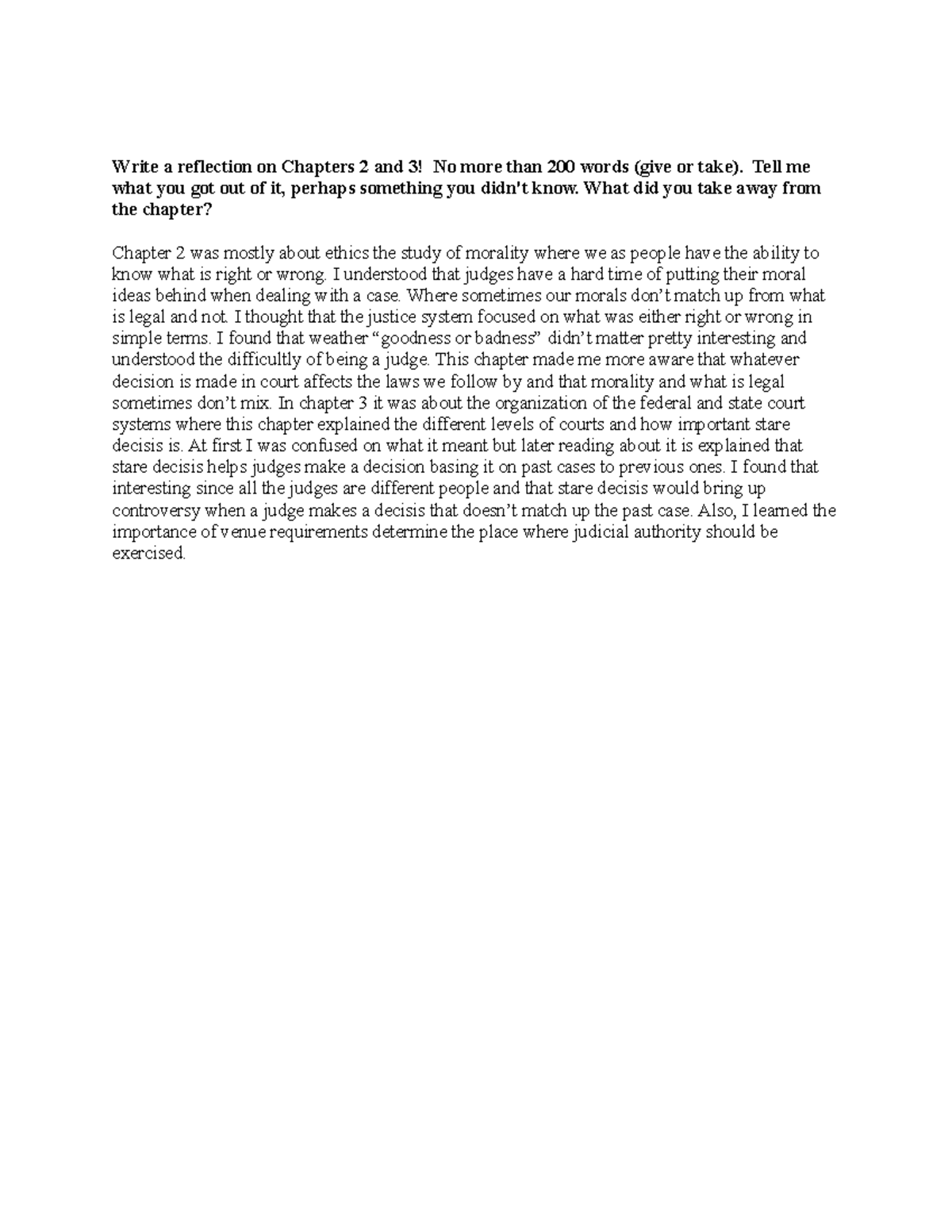 Intro to law refection on ch2 and ch3 copy - Write a reflection on ...