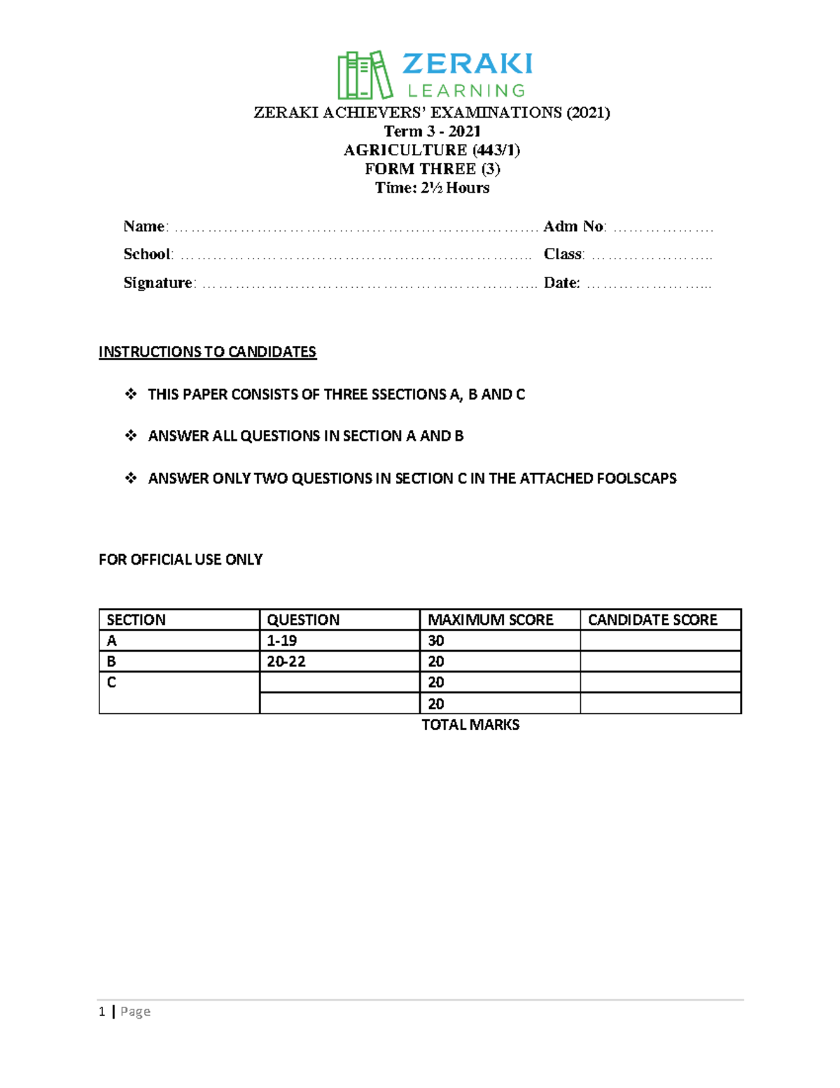 Agriculture Form 3 Paper 1 - Zeraki Achievers 3.0 - Question paper ...