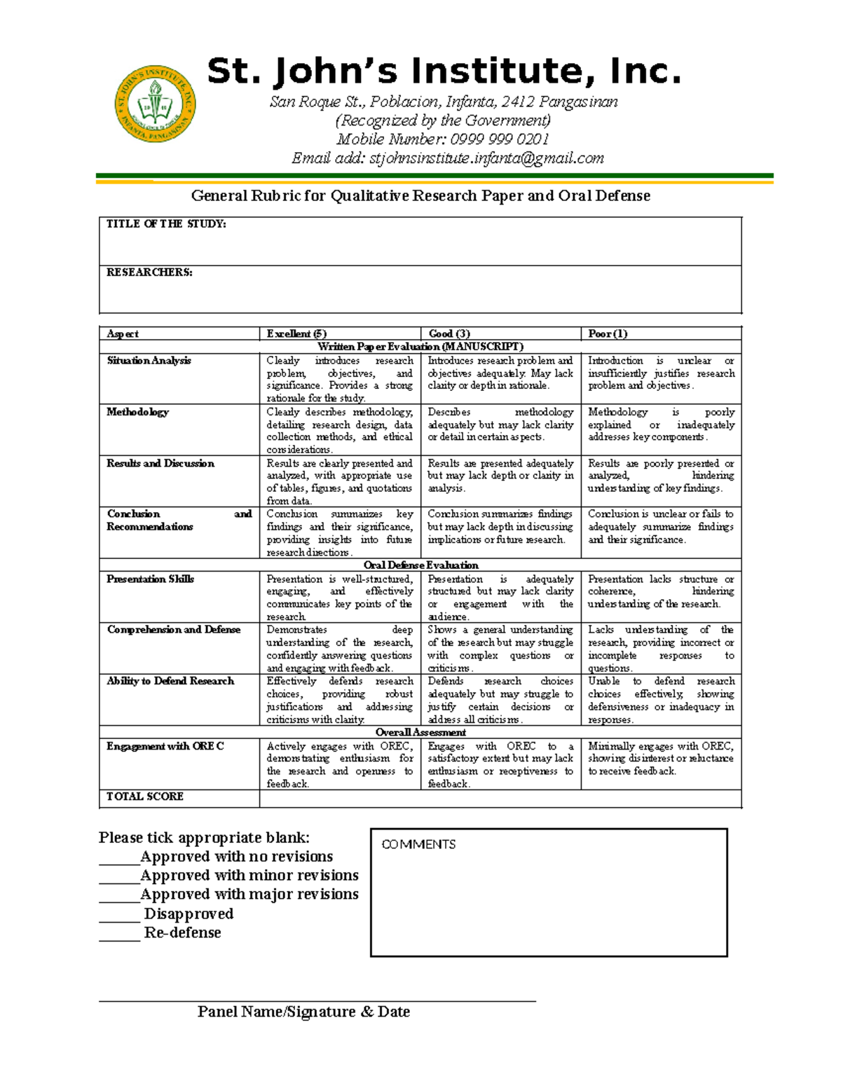 Research- Rubrics - St. John’s Institute, Inc. San Roque St., Poblacion ...