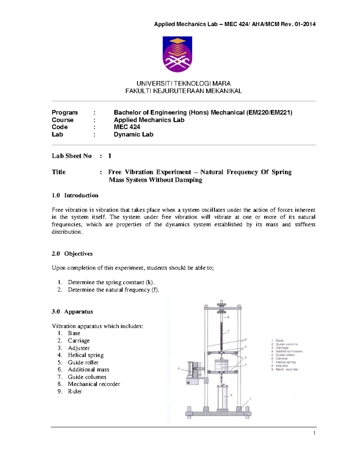 Lab sheet 1 - Free Vibration Experiment -Student - Applied Mechanics Lab – MEC 424/ AHA/MCM Rev ...