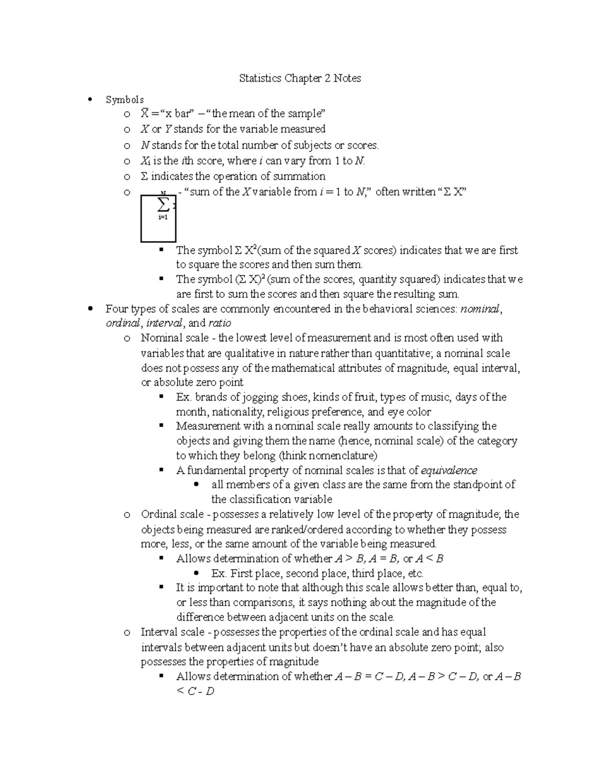 Statistics Chapter 2 Notes - Statistics Chapter 2 Notes Symbols o X̅ ...