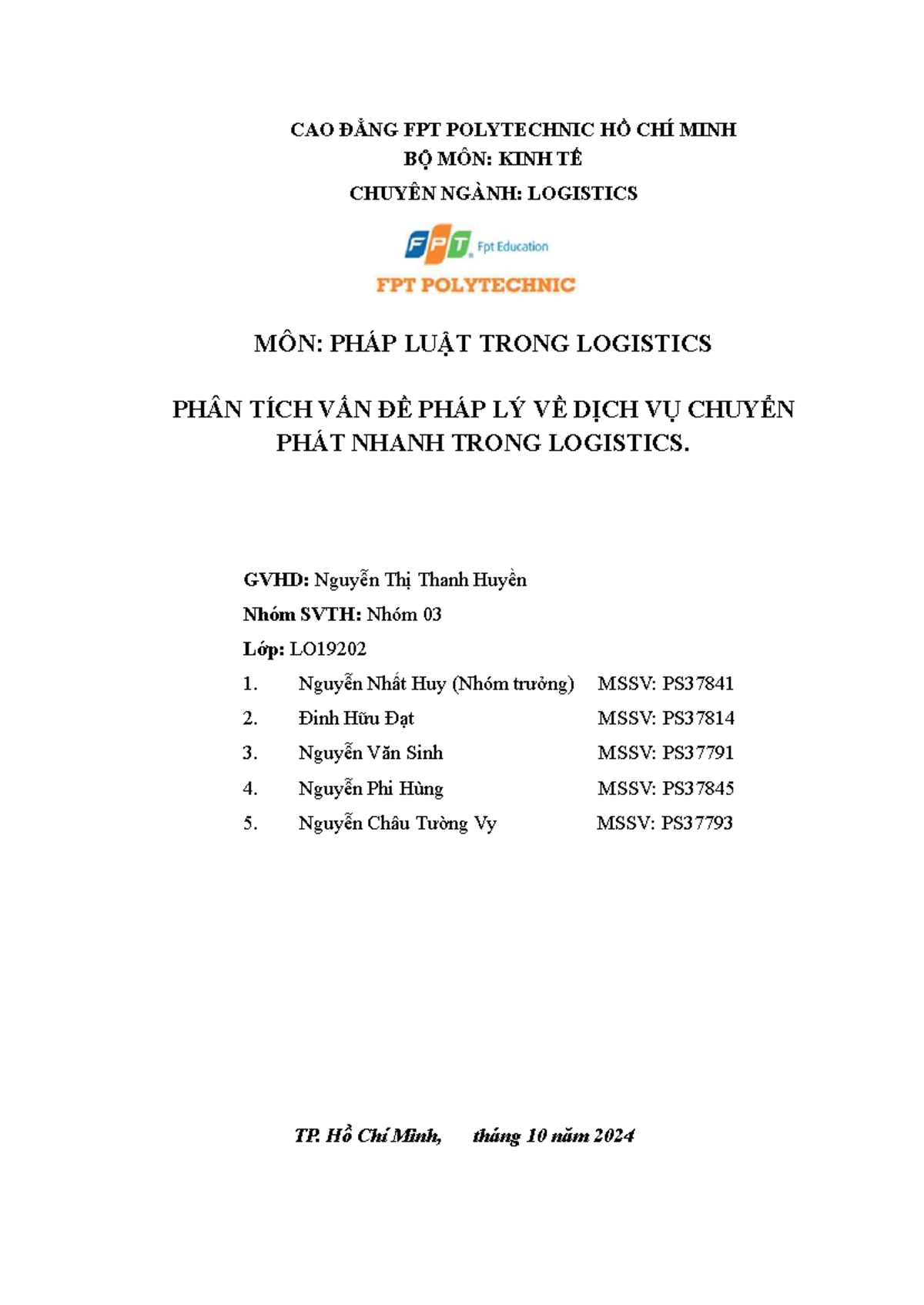 PHÁP LUẤT Logistics - NHÓM 3 - CAO ĐẲNG FPT POLYTECHNIC HỒ CHÍ MINH BỘ ...