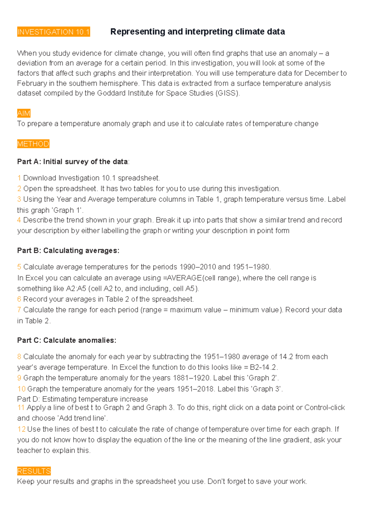 Investigation 10.1 - Representing and Interpreting climate data - INVESTIGATION 10 Representing ...