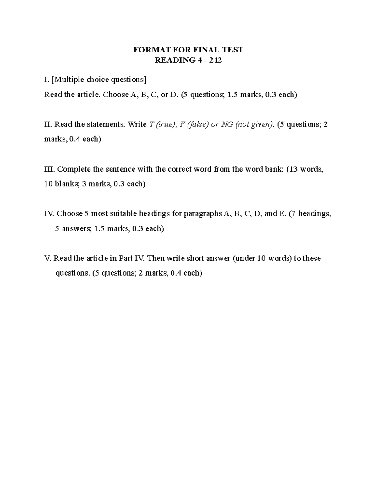 Format FOR Final TEST - bài tập - FORMAT FOR FINAL TESTREADING 4 - 212 ...