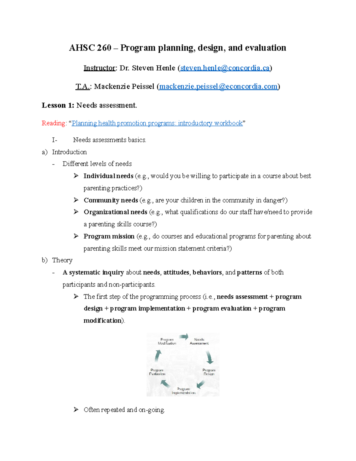 AHSC260 Notes Lessons 1-5 - AHSC 260 – Program planning, design, and ...