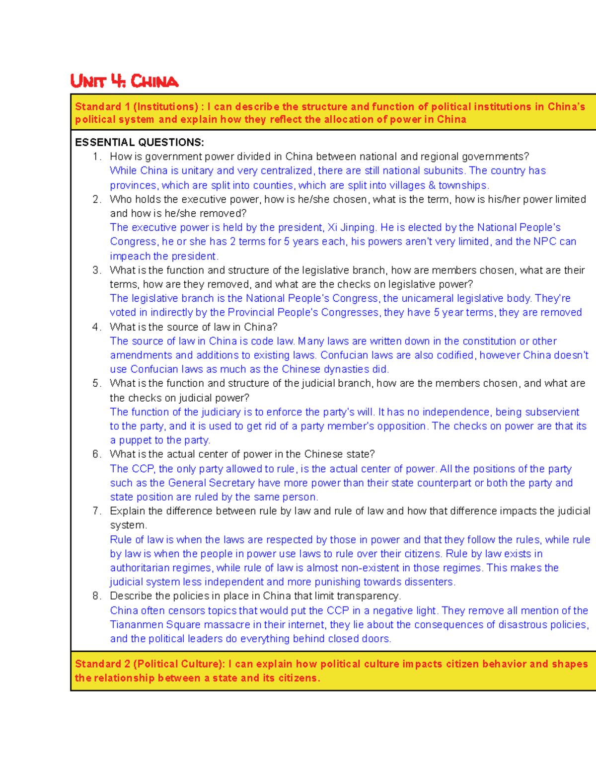 Mastery Standards for China - Unit 4: China Standard 1 (Institutions ...