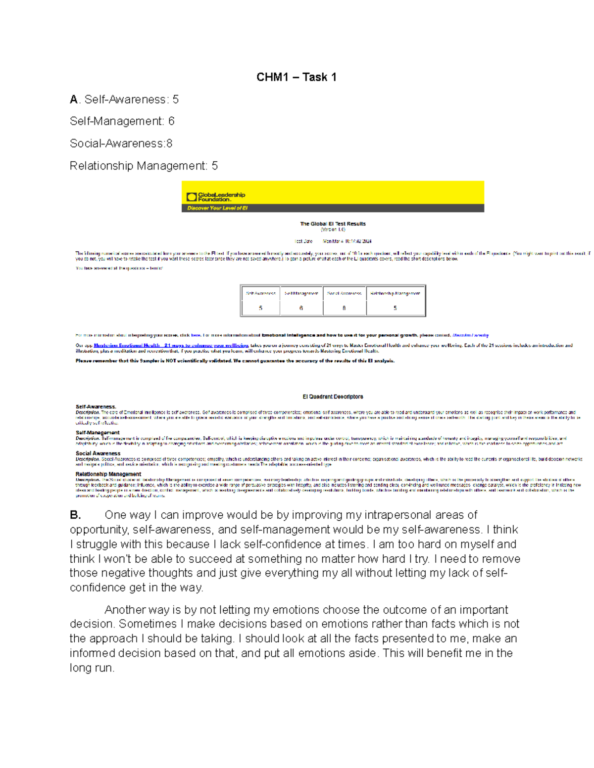 CHM1 Task 1 - S - Task 1 - CHM1 – Task 1 A. Self-Awareness: 5 Self ...
