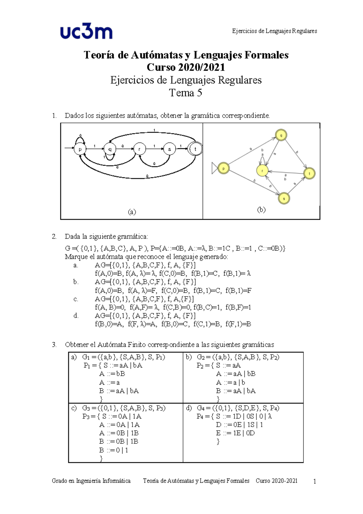 Ejercicios Tema5 TALF 20-21 - Grado en Ingeniería Informática Teoría de Autómatas y Lenguajes ...