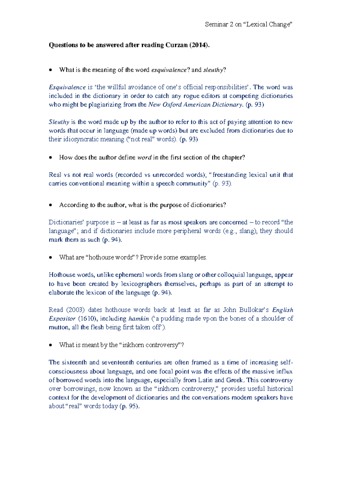 Seminar 2 Lexical change answer key - Seminar 2 on “Lexical Change ...