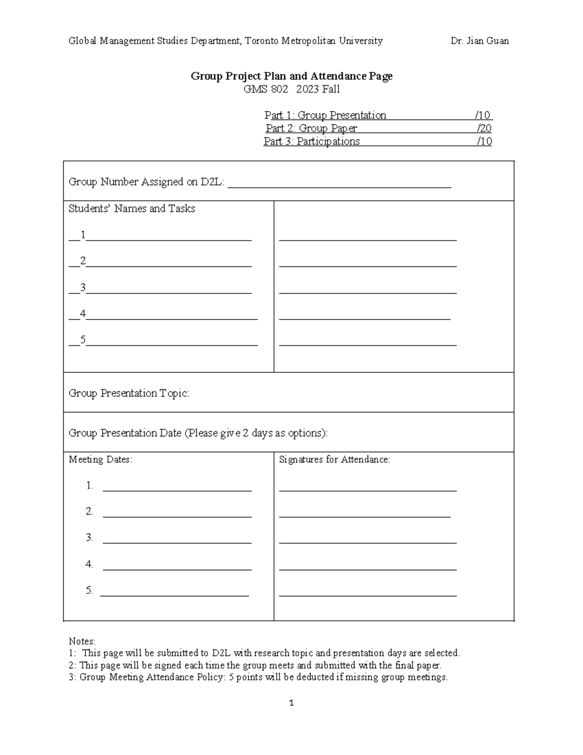 Group Project Plan - Global Management Studies Department, Toronto ...