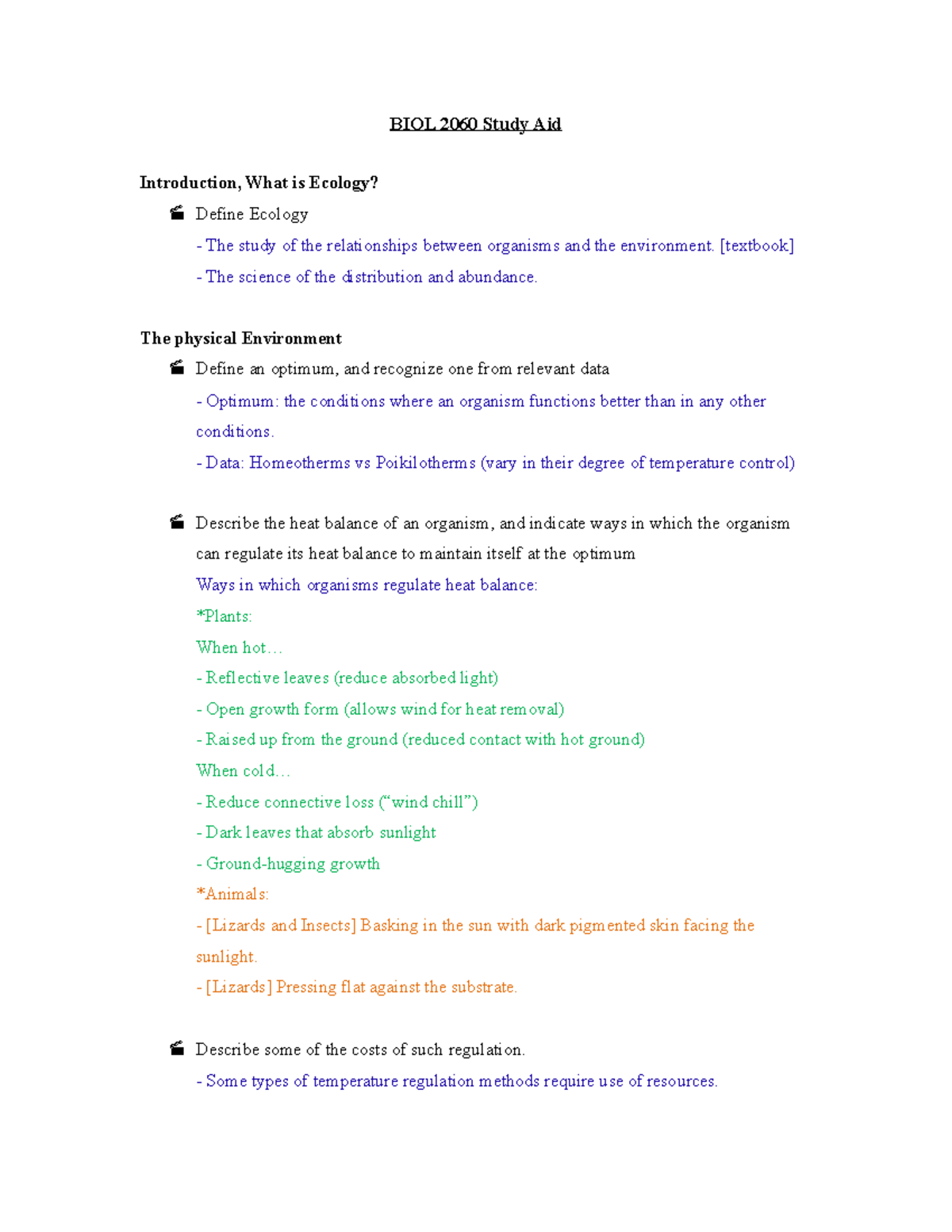 Solved BIOL2060 Study Aid (Final + Midterm material, Winter 2021 ...