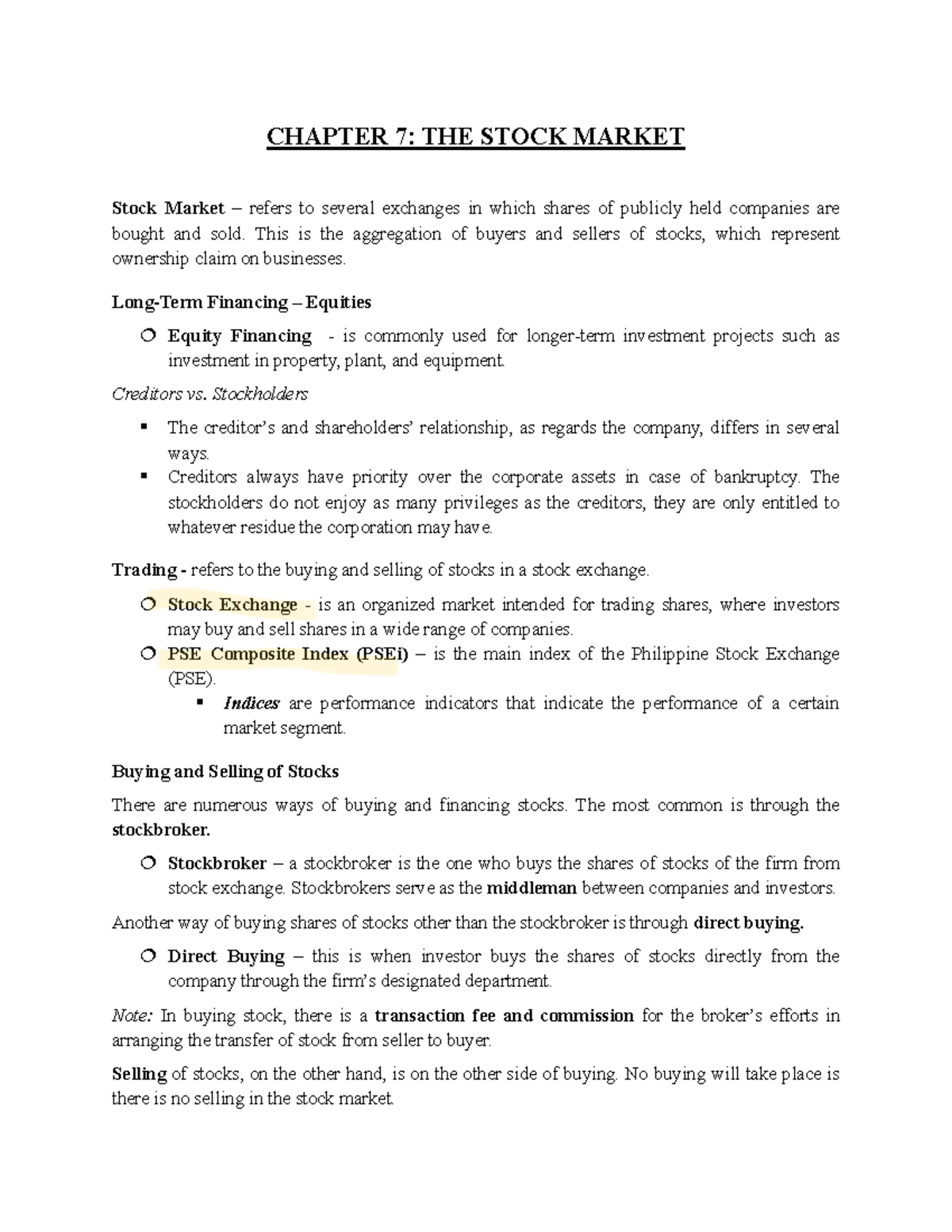 Stock Market PDF - CHAPTER 7: THE STOCK MARKET Stock Market – refers to ...
