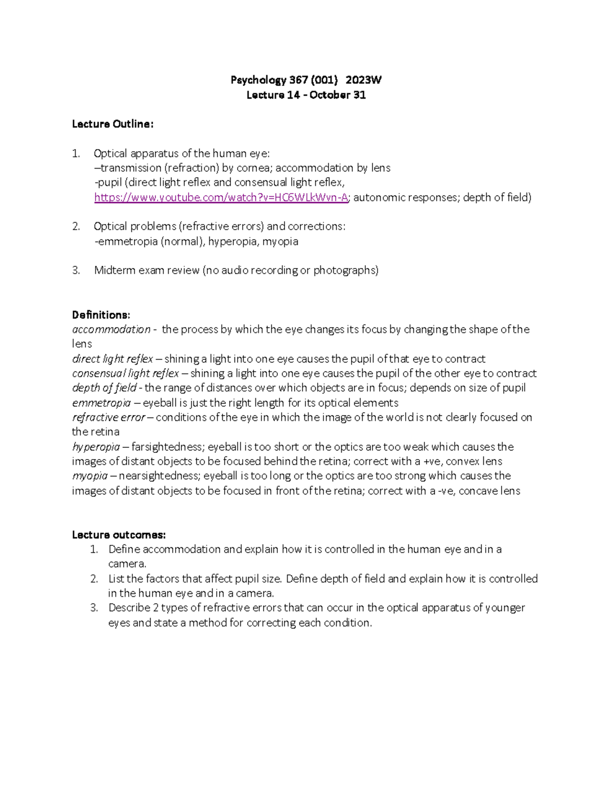 Outline 231031 - Psychology 367 (001) 2023 W Lecture 14 - October 31 ...