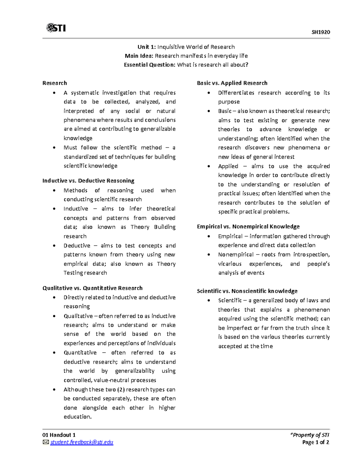 01 Handout 1- study for handouts - SH19 20 01 Handout 1 *Property of STI student@sti Page 1 of 2 ...