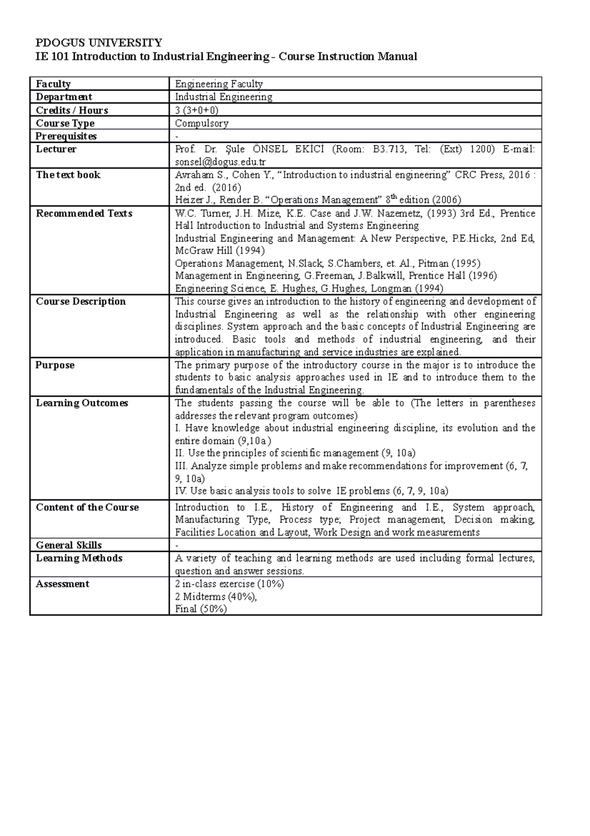 IE 101 outline 2018 - PDOGUS UNIVERSITY IE 101 Introduction to ...