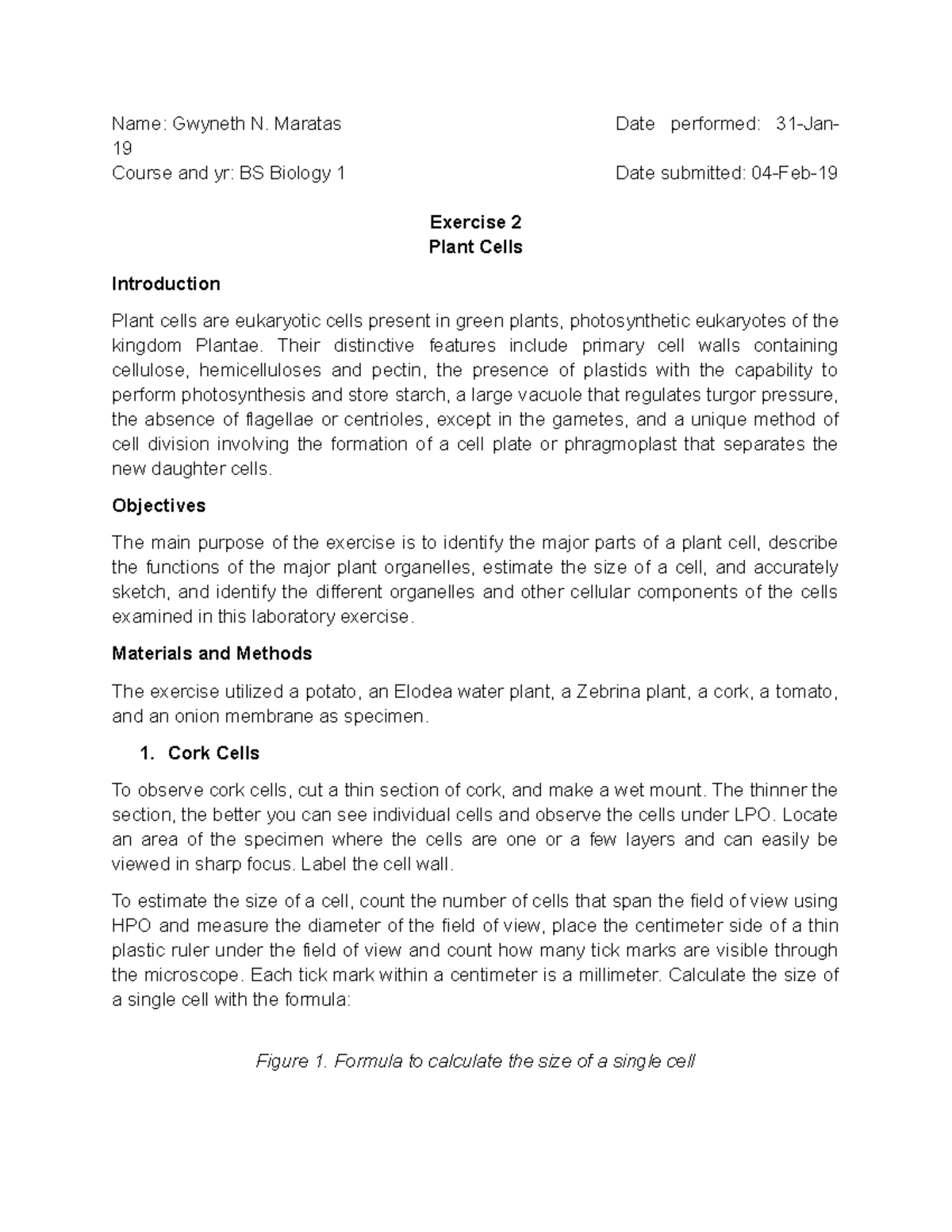 BOT 111.1 Lab exercise 2 - Name: Gwyneth N. Maratas Date performed: 31 ...