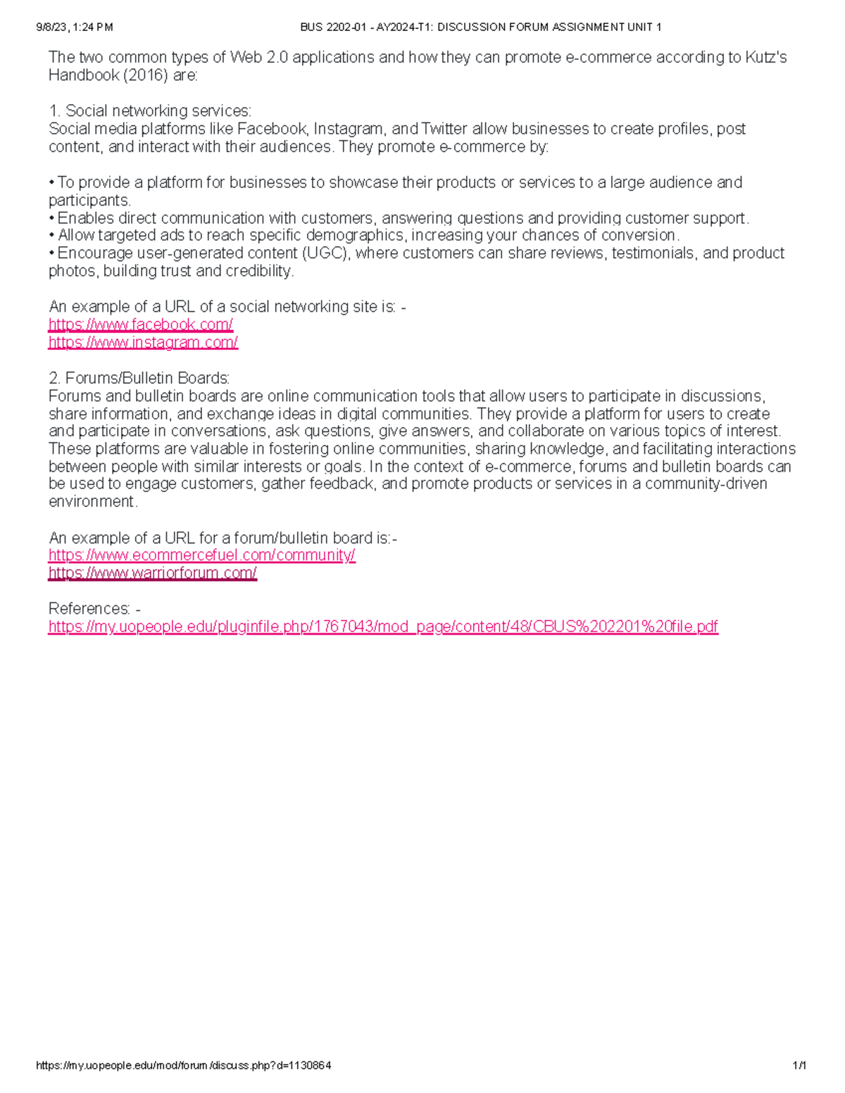 BUS 2202-01 - AY2024-T1 Discussion Forum Assignment UNIT 1 - 9/8/23, 1:24 PM BUS 2202-01 - - Studocu