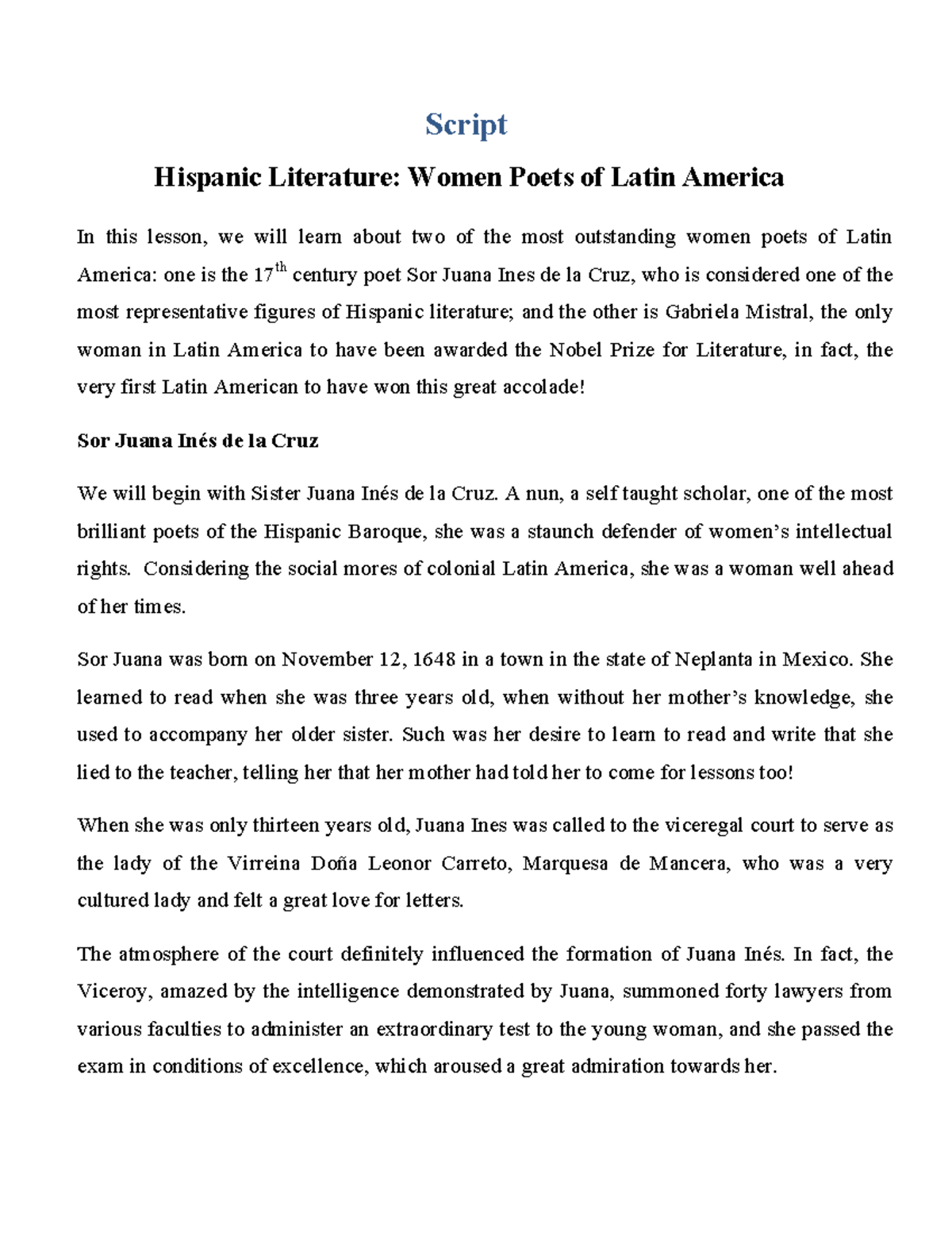 W12-L2- Script - Hispanic Literature- Women Poets of Latin America ...