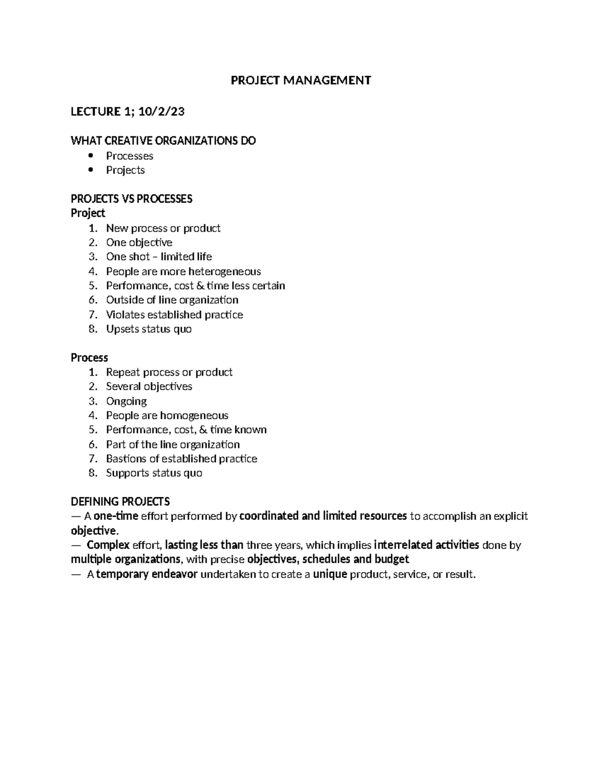 Project Management summary notes - PROJECT MANAGEMENT LECTURE 1; 10/2 ...
