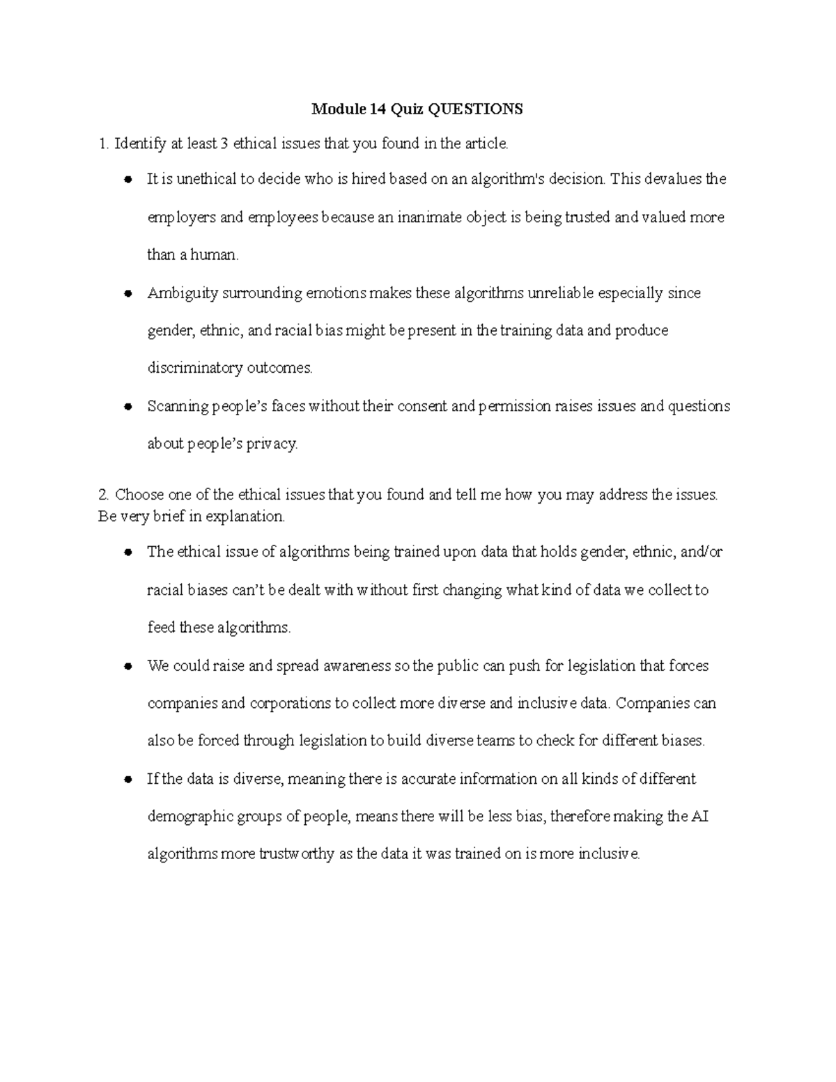 Module 14 Quiz - Module 14 Quiz QUESTIONS Identify at least 3 ethical ...