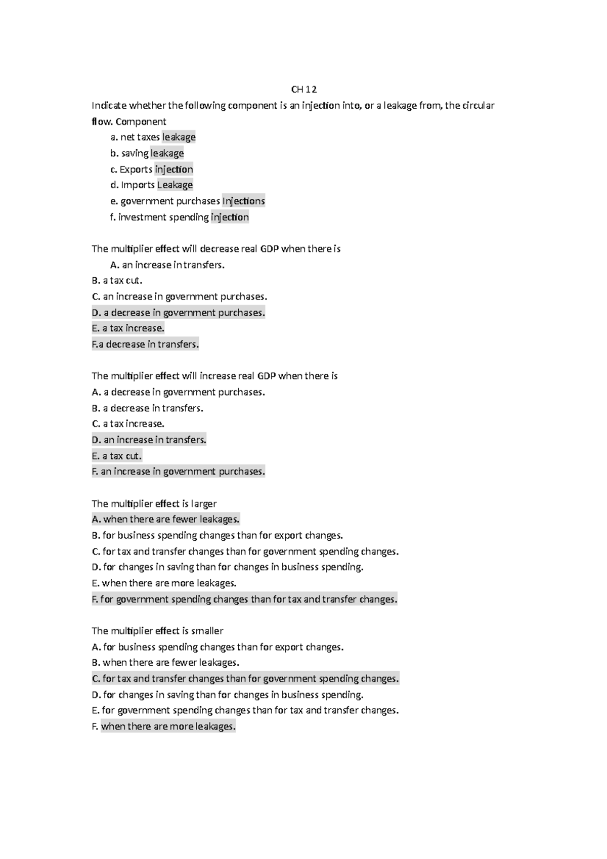 CH12 auditing assignment - CH 12 Indicate whether the following component is an injection into ...