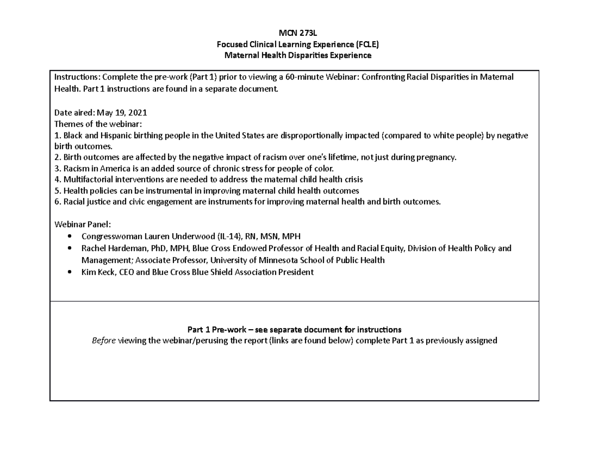 Maternal-Child Health Disparties Part 2 Assignment Instructions - MCN ...