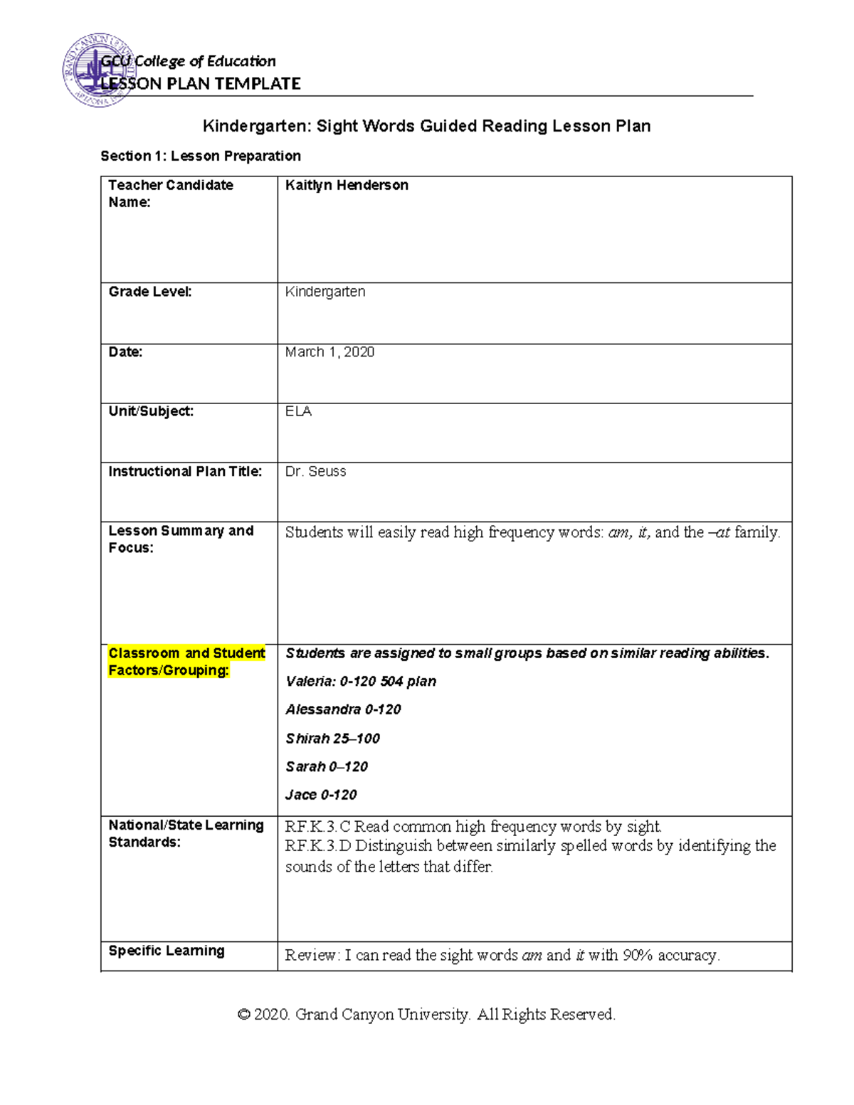 Kindergarten Sight Words Guided Reading Lesson Plan - LESSON PLAN ...