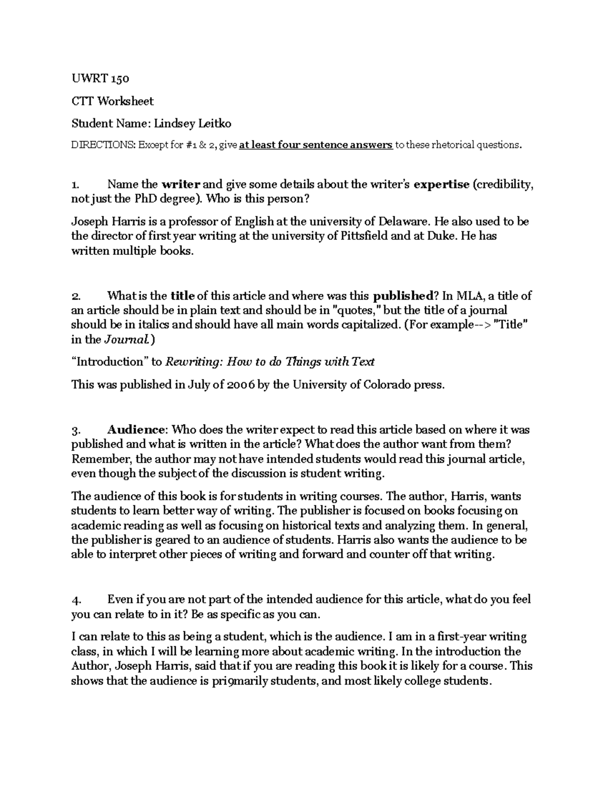CTT Worksheet On Harris' Introduction - UWRT 150 CTT Worksheet Student ...