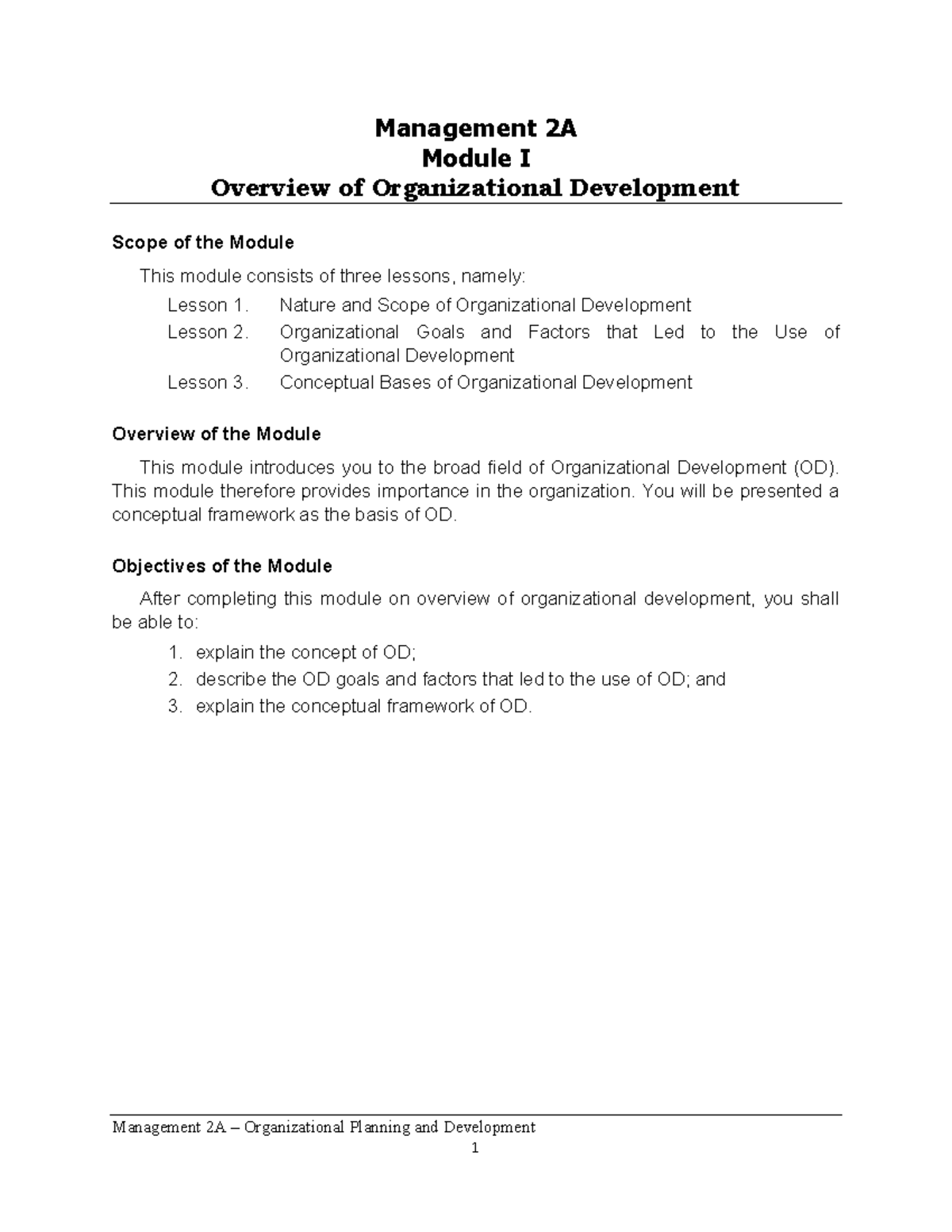 Management 2A - Module I - Management 2A – Organizational Planning and ...