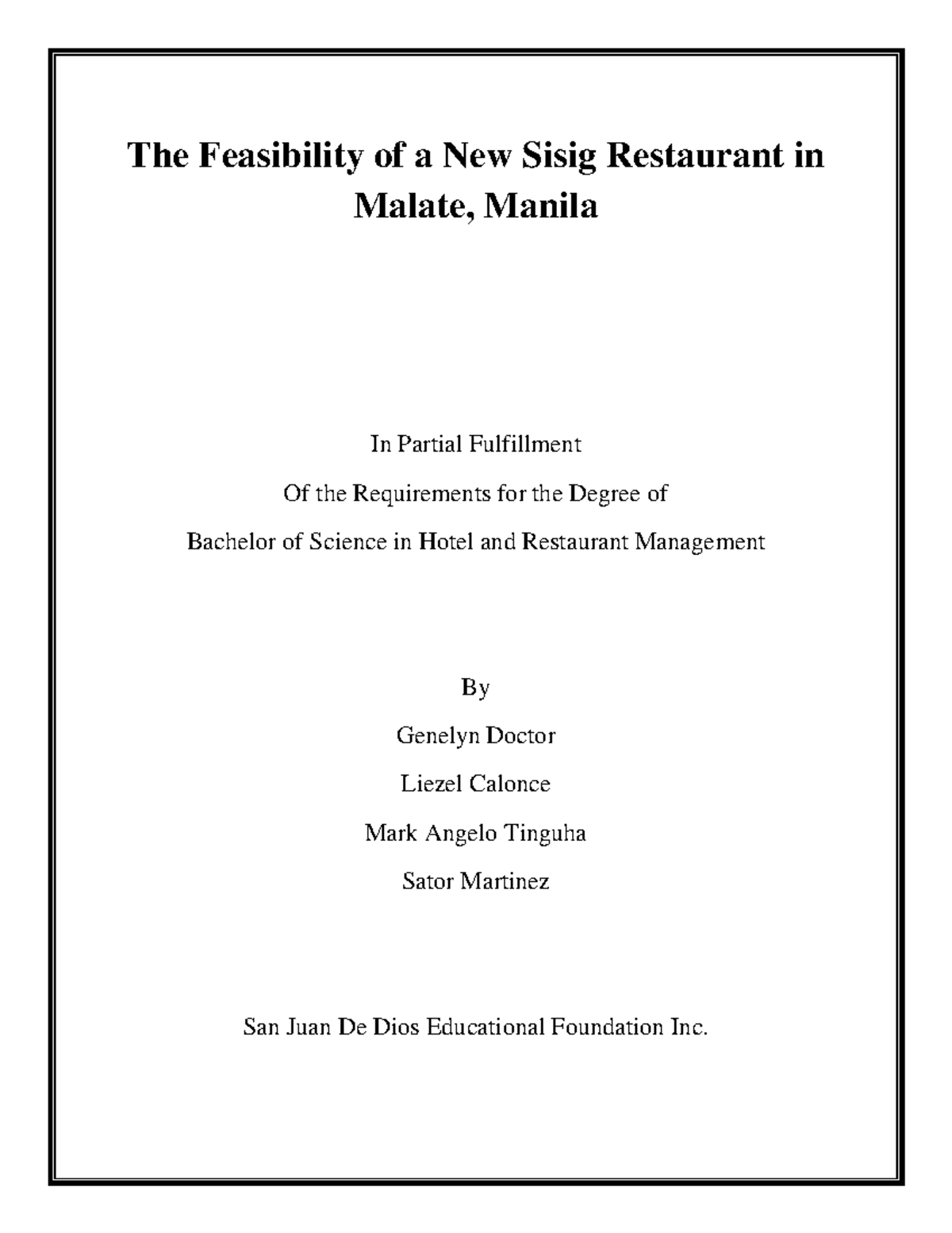 The Feasibility of a New Sisig Restaurant - Table of Contents page List ...